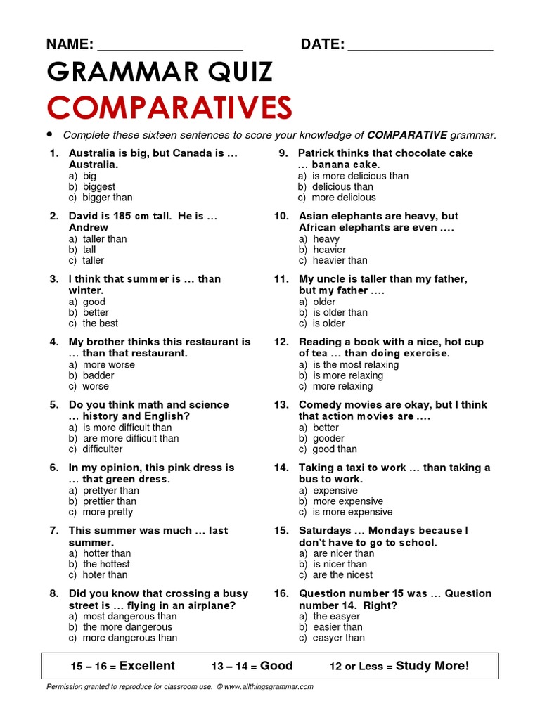 Comparative Grammar Quiz | PDF | Teaching Methods & Materials