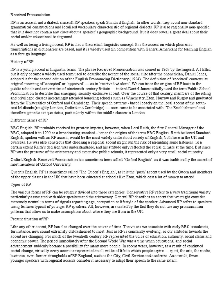 Received Pronunciation | PDF | Accent (Sociolinguistics) | English Language