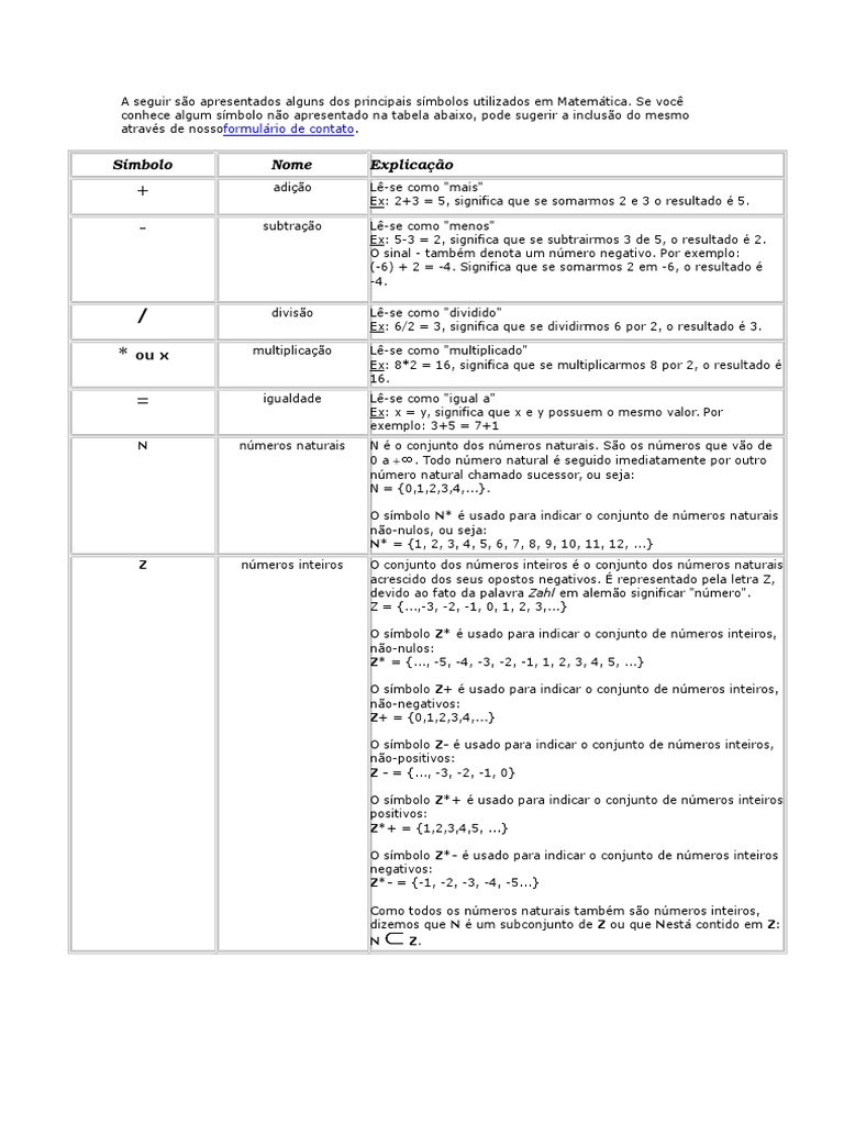 Símbolos matemáticos fundamentais e seus significados | PDF