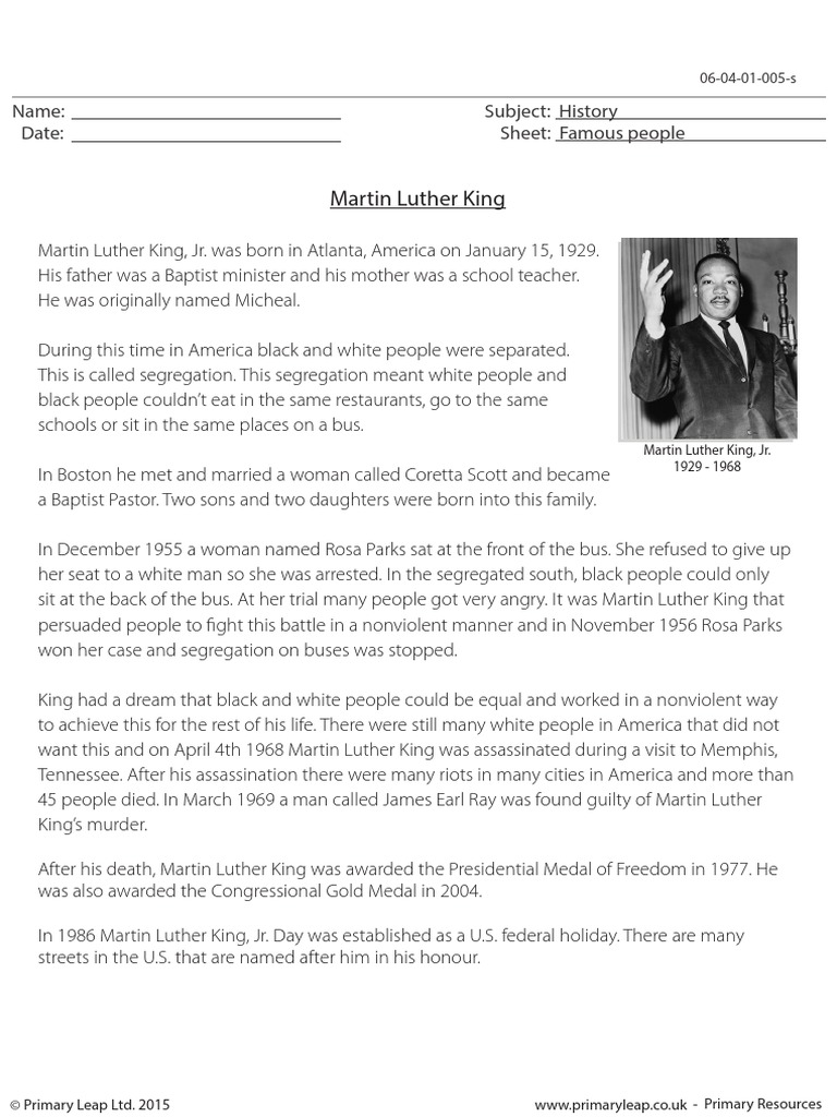 Martin Luther King Comprehension | PDF | Coretta Scott King | Martin ...