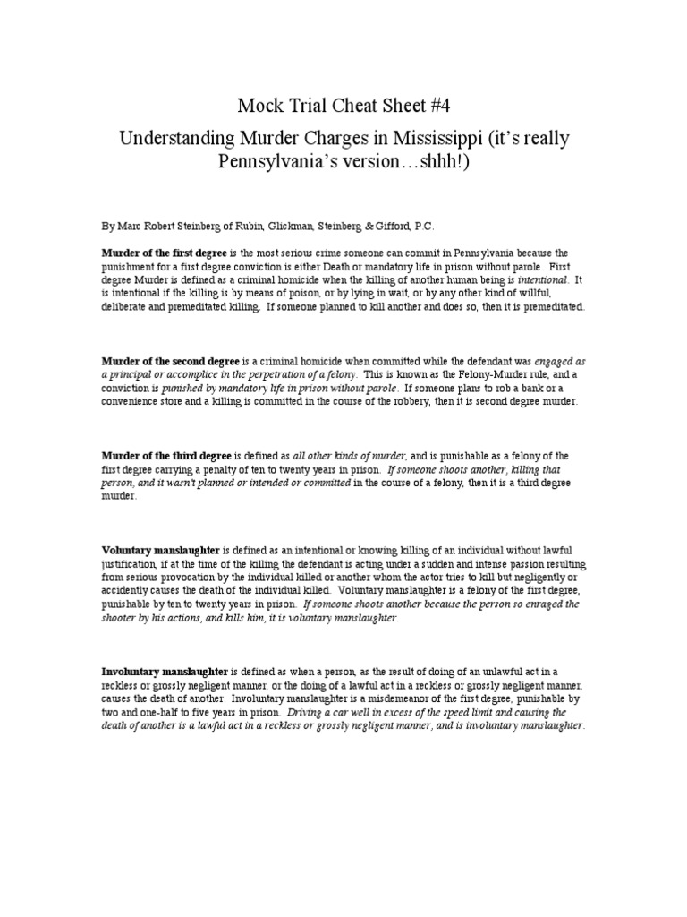 Mock Trial Cheat Sheet 4 | PDF | Manslaughter | Murder