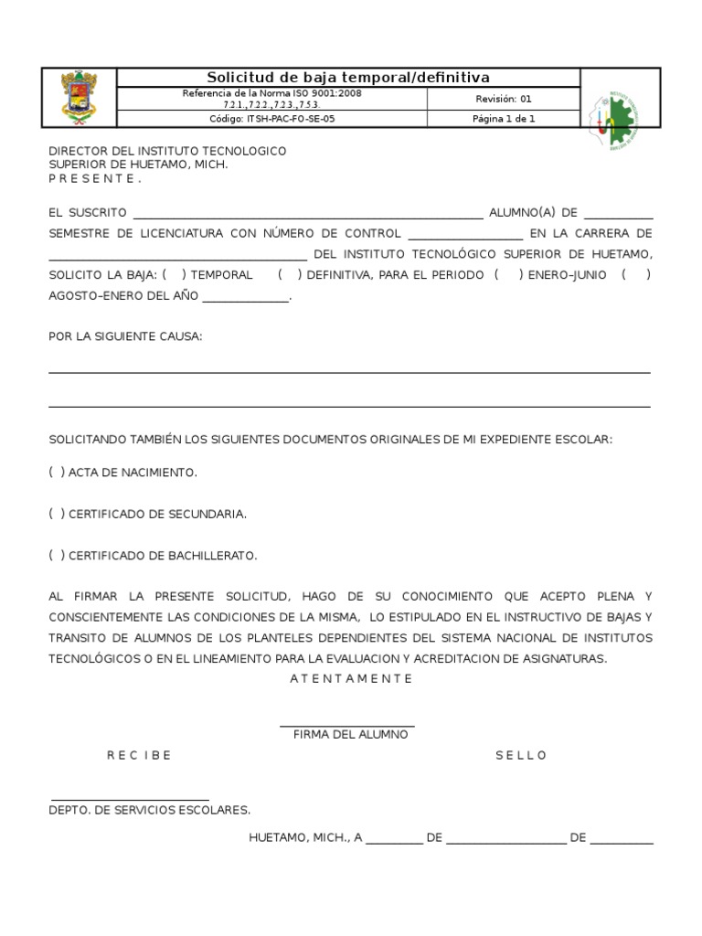 Solicitud de Baja Escolar Temporal/Definitiva | PDF