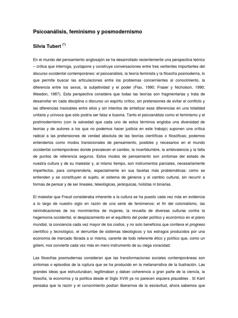 Psicoanálisis, Feminismo y Posmodernismo - Silvia Tubert | PDF | Mujer ...