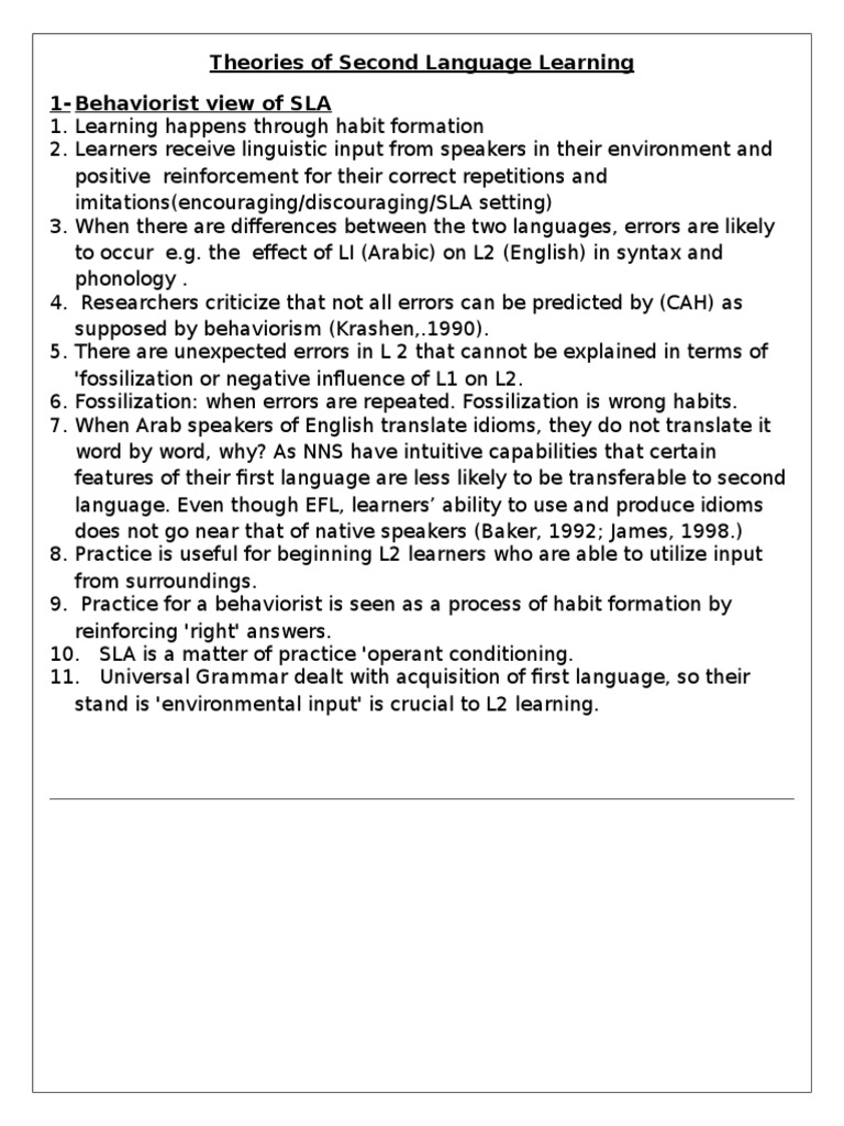 Summary Sla Theories | PDF | Second Language Acquisition | Second Language