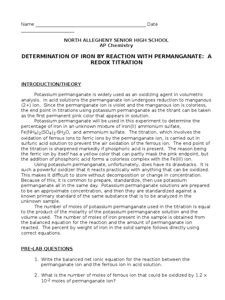 AP Chem Lab - Redox Titration | PDF | Titration | Chemistry