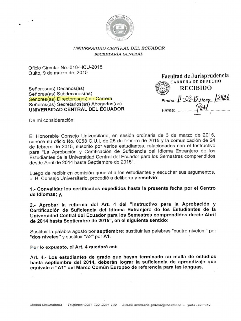 Oficio Circular No. 10-HCU-2015 | PDF