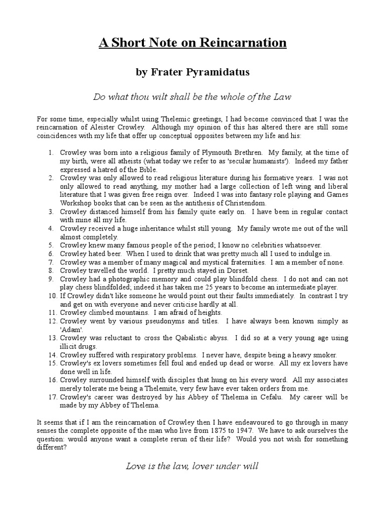 A Short Note On Reincarnation, by Frater Pyramidatus | PDF | Thelema ...