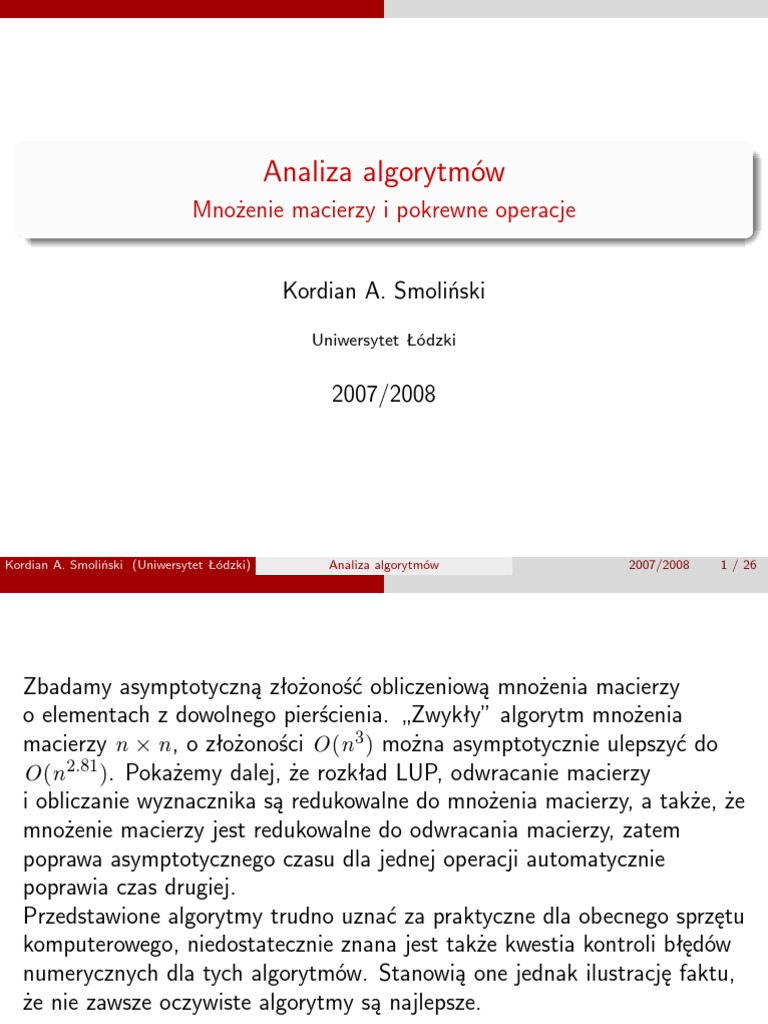 Mnożenie Macierzy Strassen | PDF