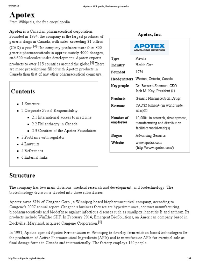 Apotex - Wikipedia, The Free Encyclopedia | PDF | Drugs | Medical ...
