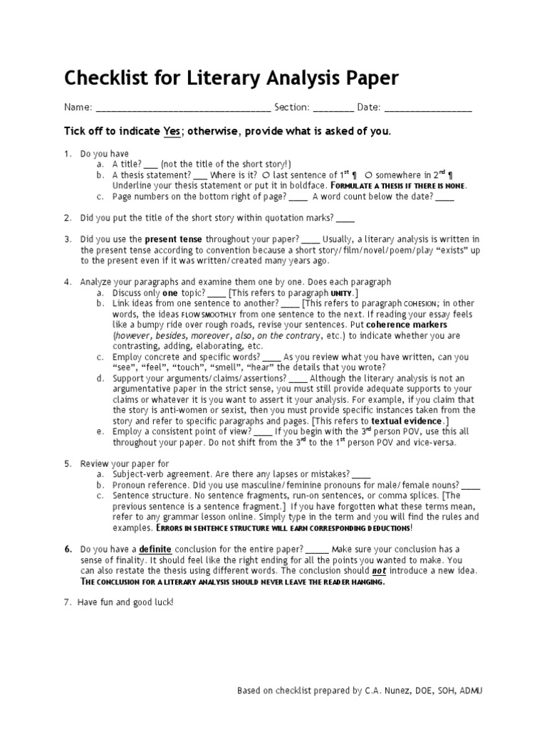 Readings 101 Literary Analysis Checklist | PDF | Thesis | Grammatical ...