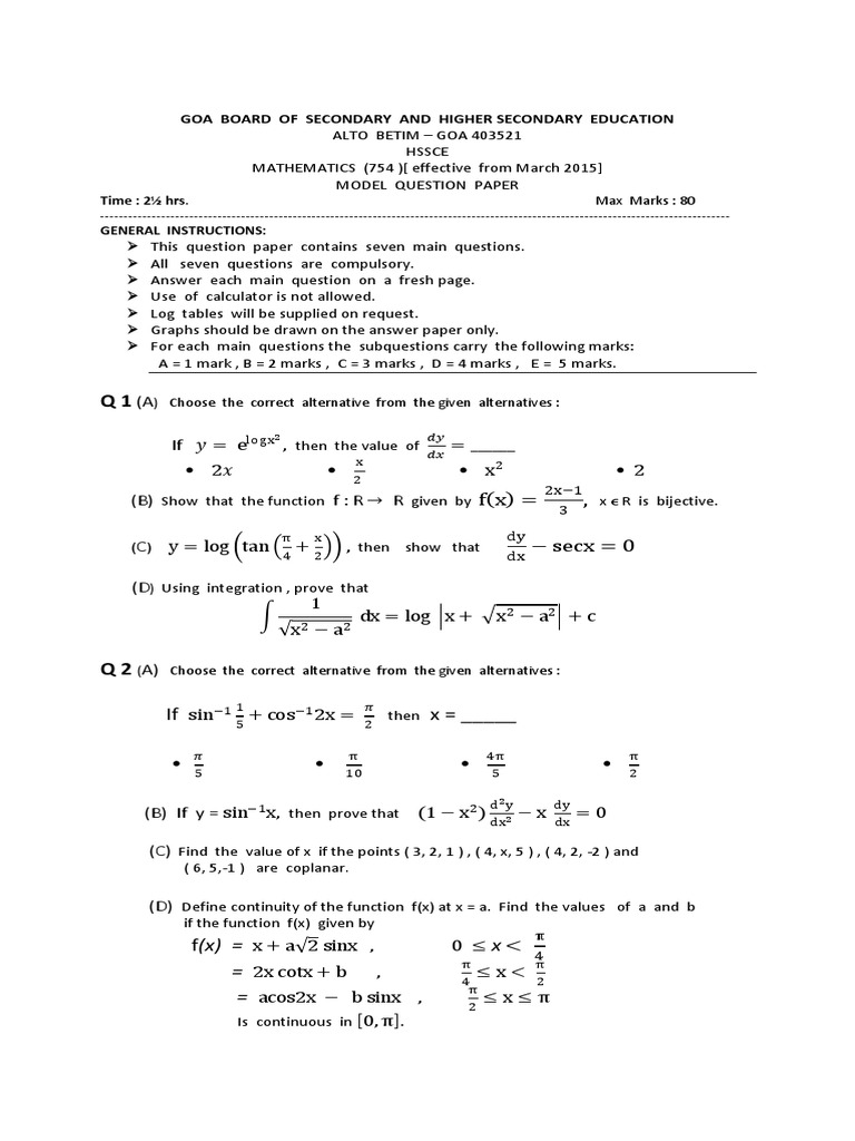 Goa Board Mathematics Paper Design | Determinant | Function (Mathematics)