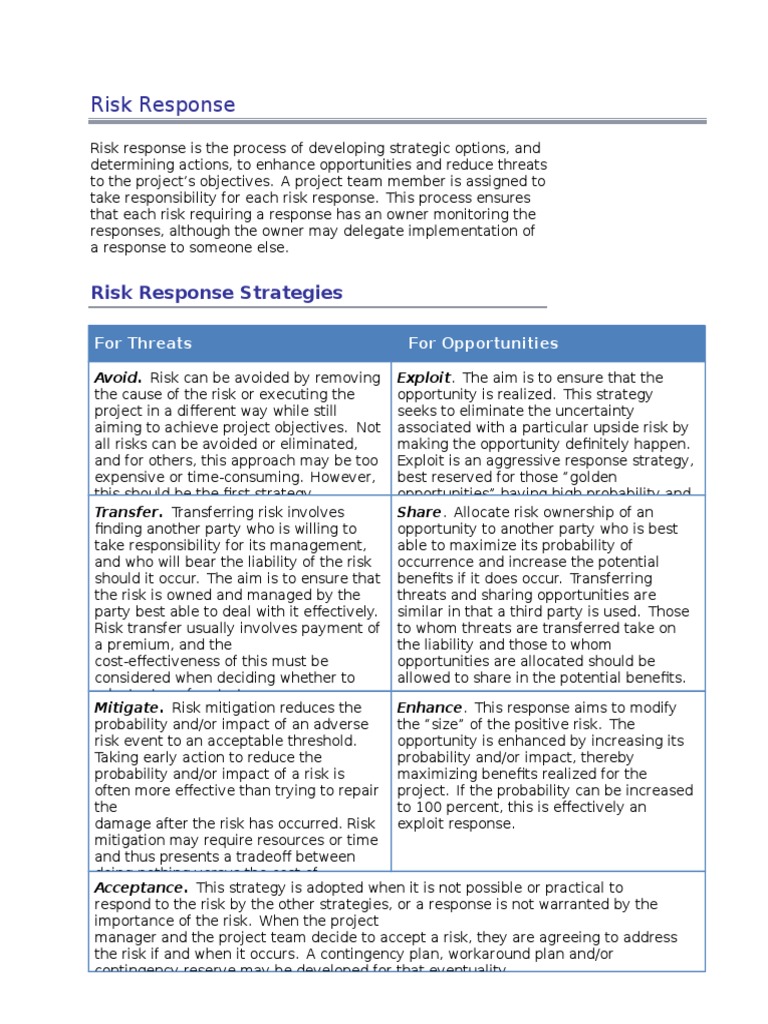 Risk Response | PDF | Risk | Strategic Management