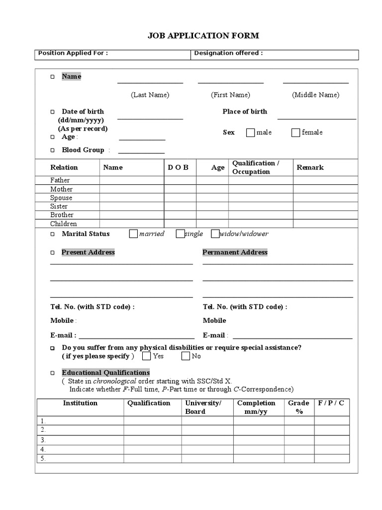 Job Application Form: Position Applied For: Designation Offered | PDF
