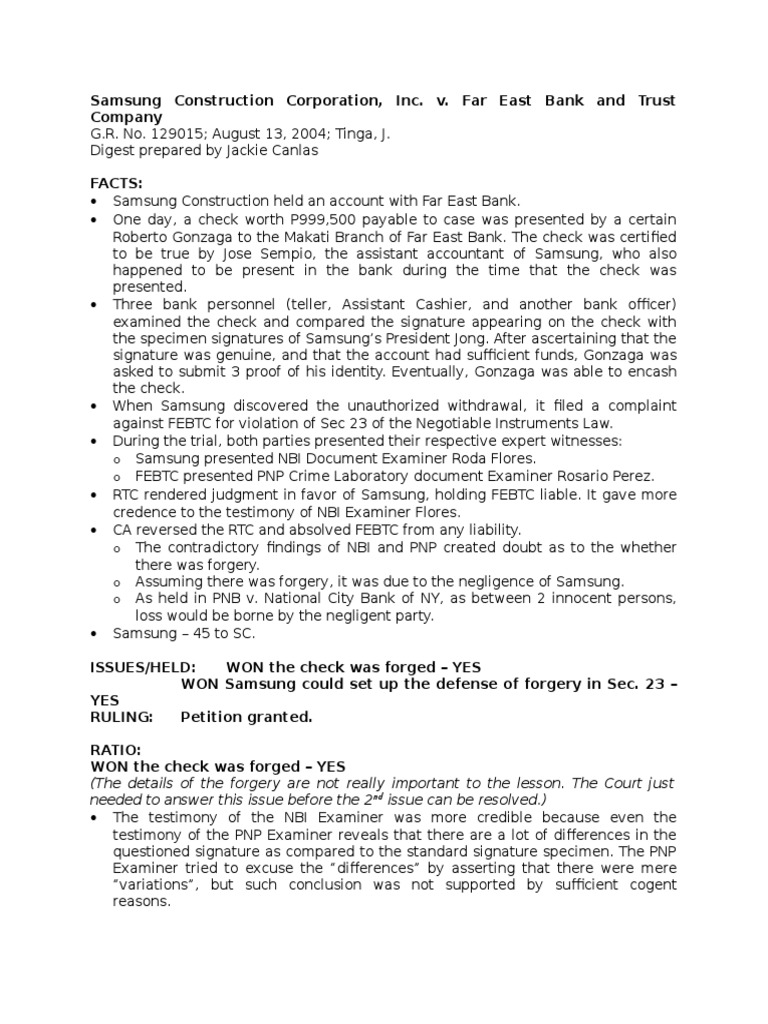 Bank Liable for Forged Check Despite Due Diligence | PDF | Forgery | Cheque