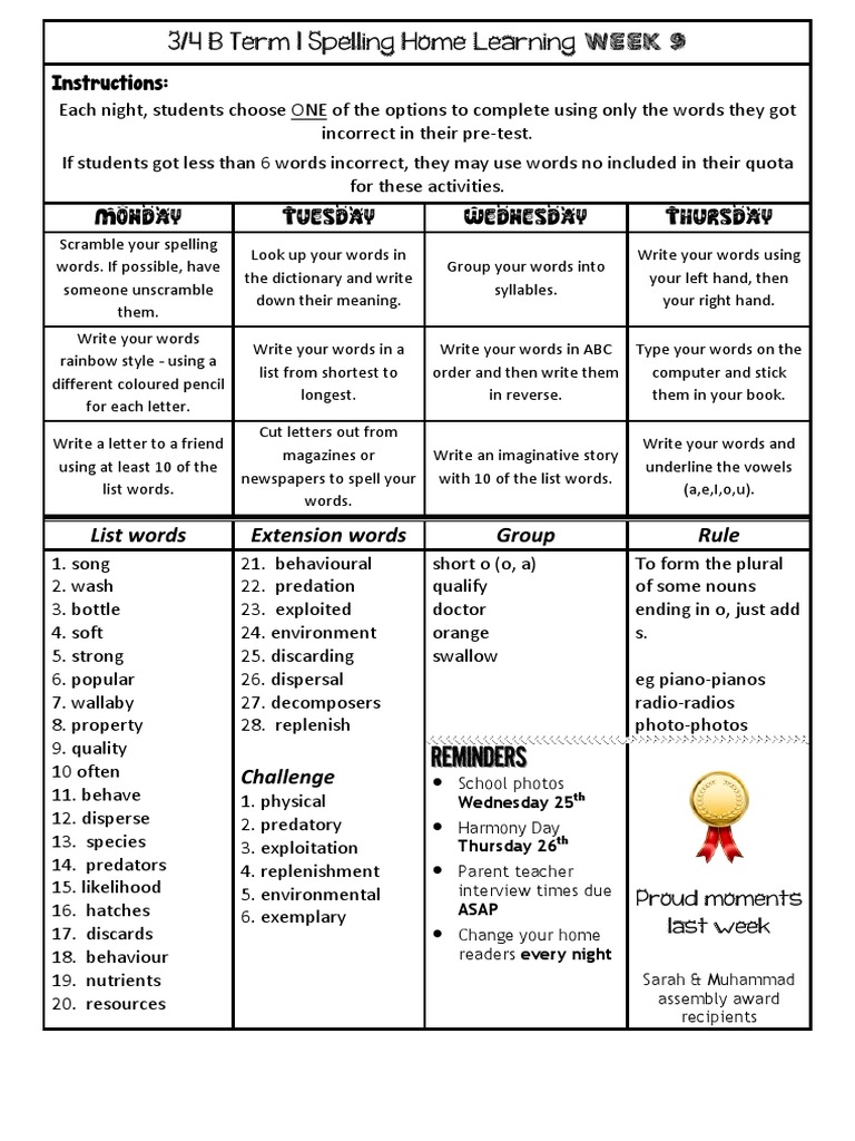 Term 1 Spelling Week 9 | PDF