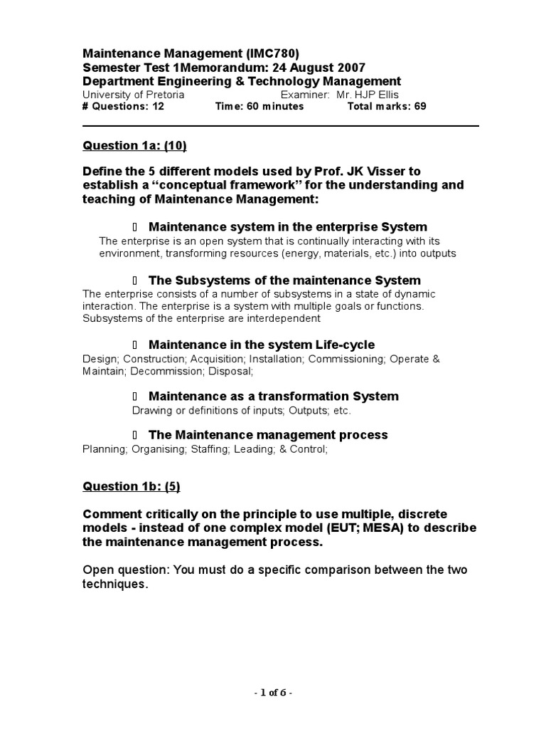 Maintenance Management Exam Memorandum | PDF | Strategic Management ...