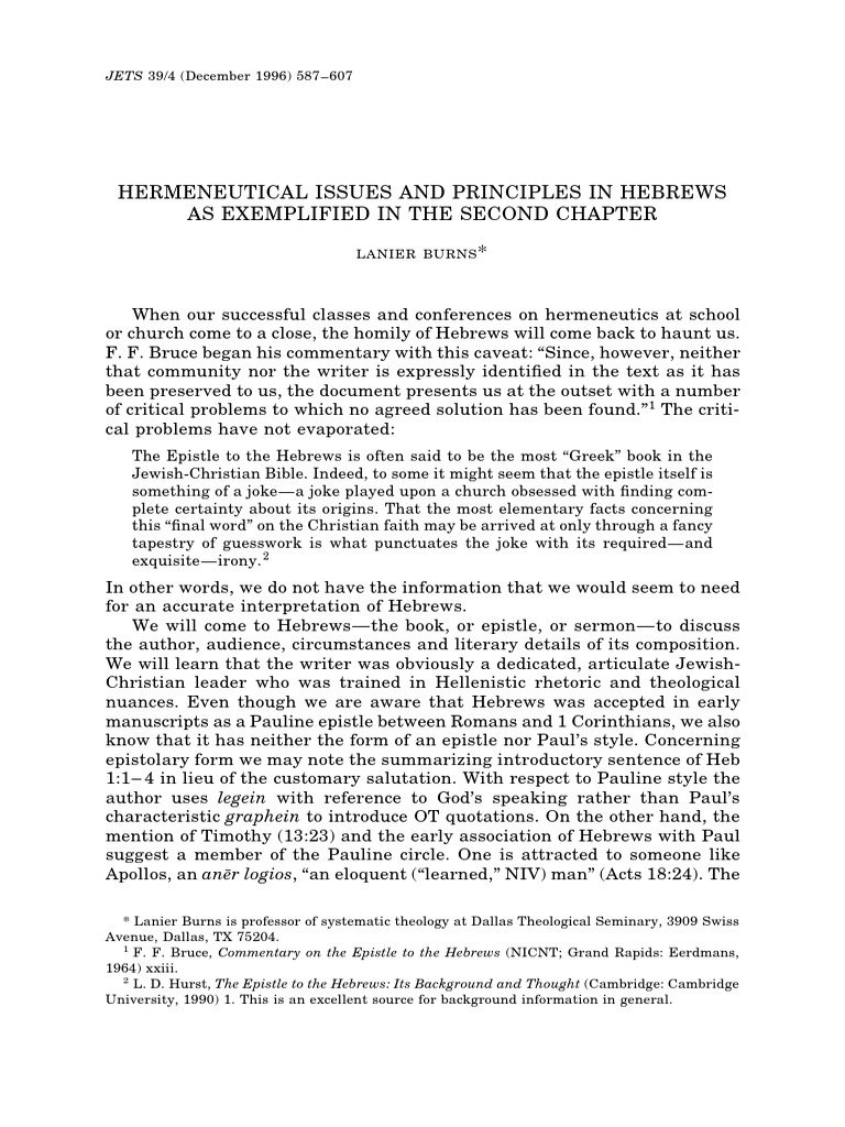 Hermeneutics In Hebrews Pdf Epistle To The Hebrews Exegesis