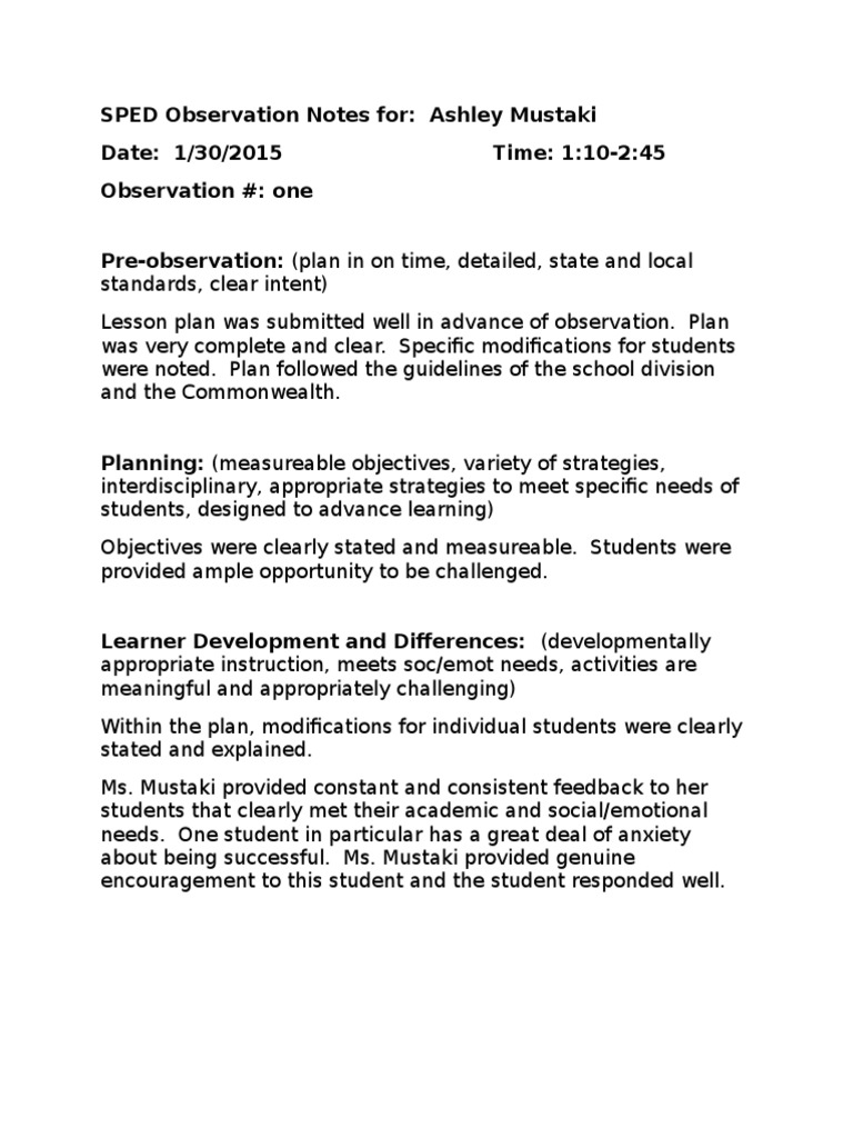 Sped Observation Notes For Ashley One | PDF | Classroom Management ...