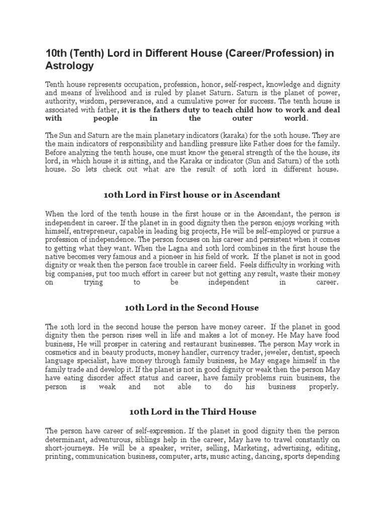 10th Lord's Career in Astrology Houses | PDF | Wellness