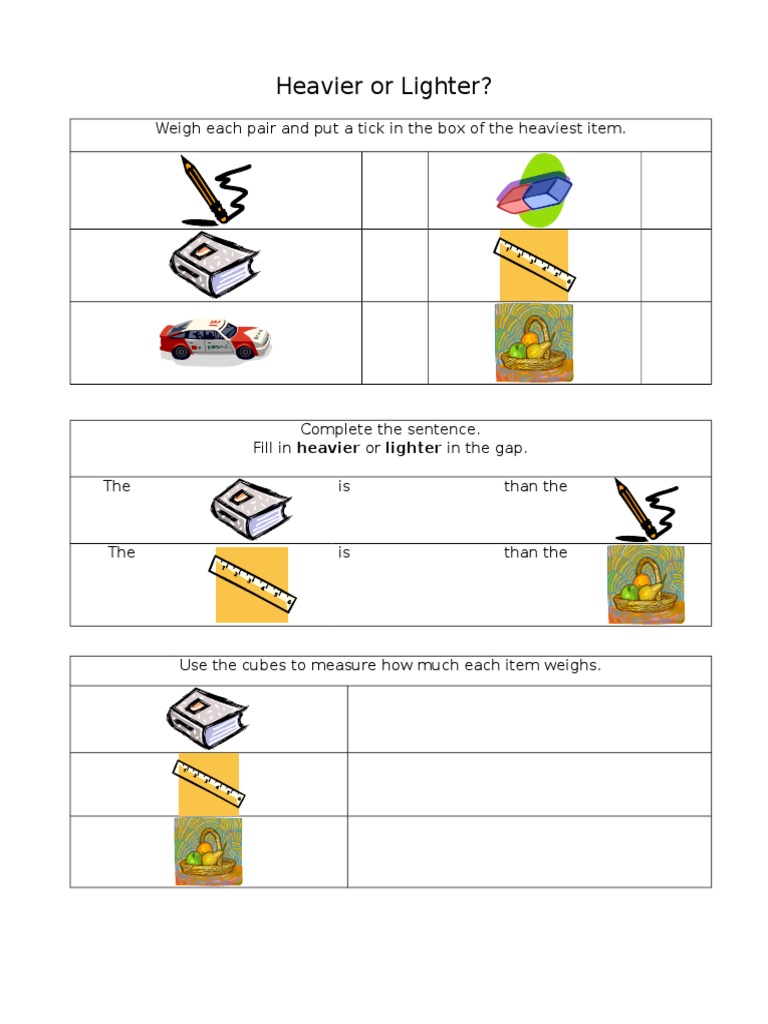 Heavier or Lighter?: Weigh Each Pair and Put A Tick in The Box of The ...