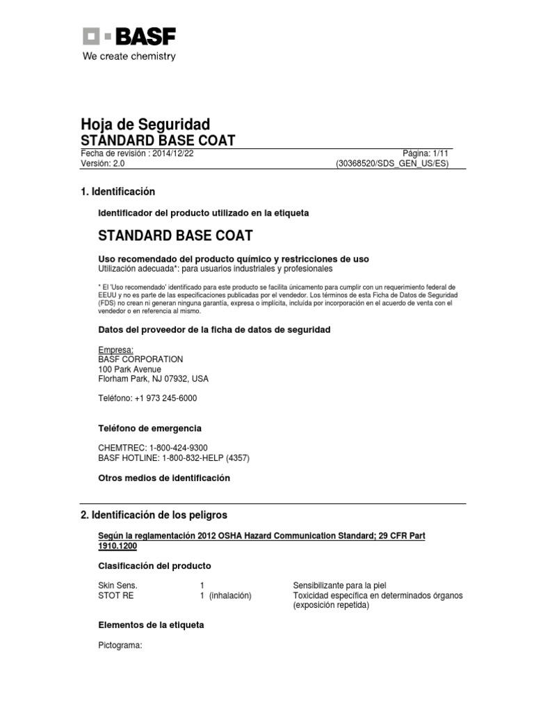 Hoja de Seguridad STANDAR BASE COAT PDF | PDF | Toxicidad | Toxicología