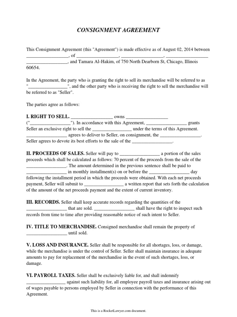 Terms of a Consignment Agreement for the Sale of Consigned Merchandise ...