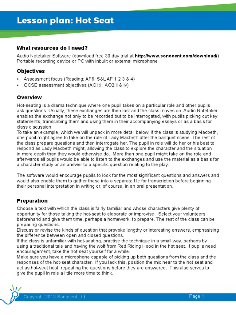 English - Lesson Plan Hotseat | PDF | Macbeth | Narration