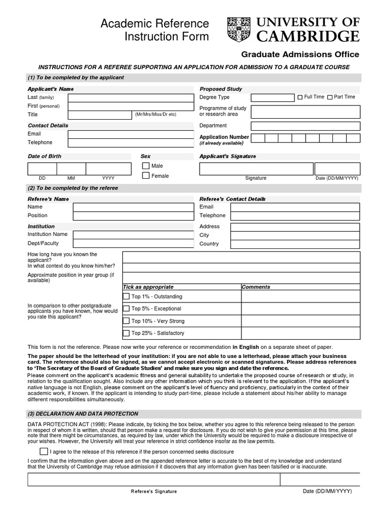 Academic Reference Instruction Form: Graduate Admissions Office | PDF ...