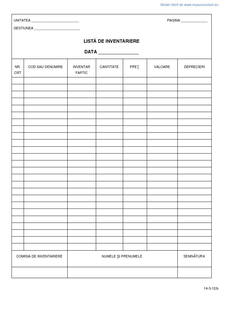 Lista de Inventariere Model 14 3 12 B | PDF