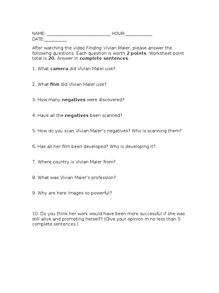 Vivian Maier Video Reflection Worksheet | PDF | Social Science | Art