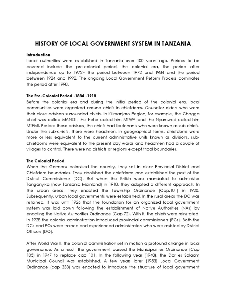 History of Local Government System in Tanzania | PDF | Local Government ...