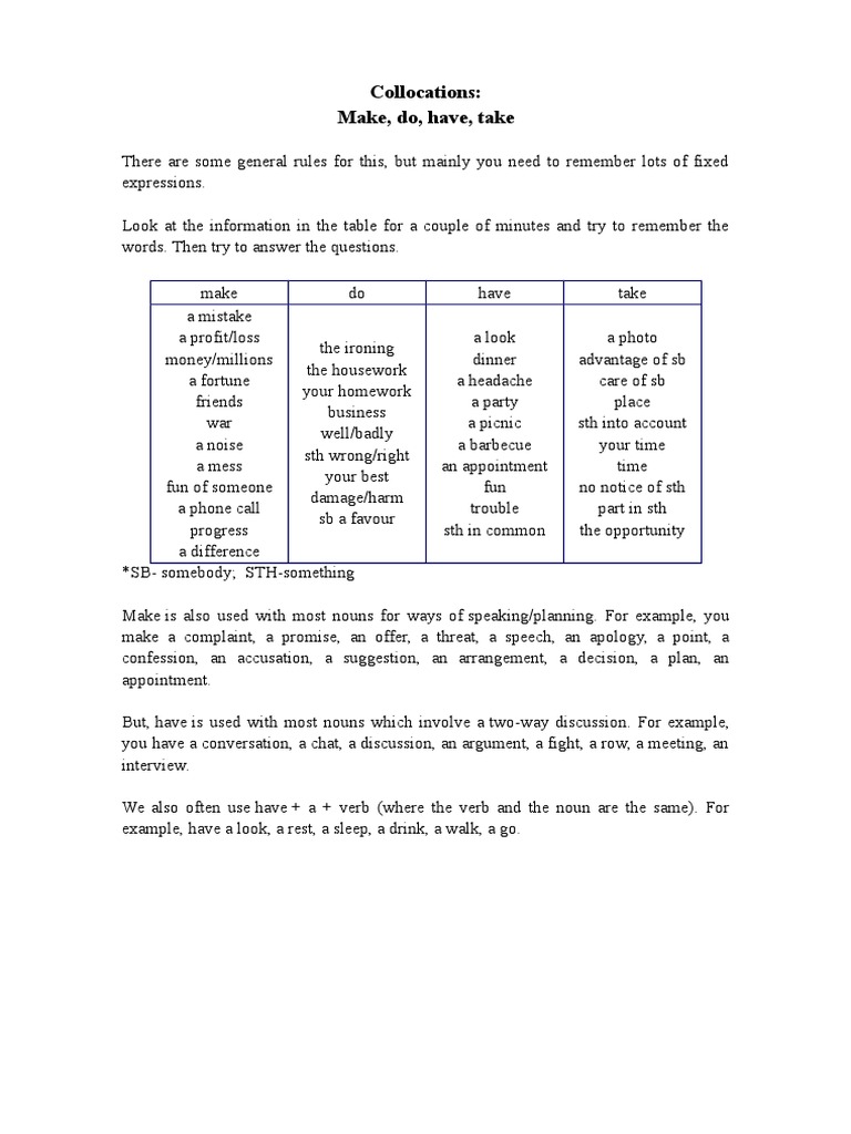 Collocations and Exercises With Do, Have, Make and Take For FCE | PDF