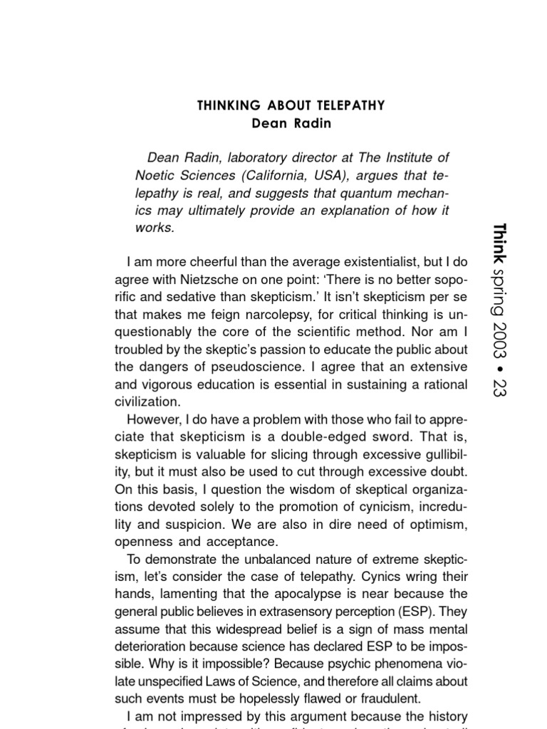 Dean Radin - Thinking About Telepathy | PDF | Telepathy | Parapsychology