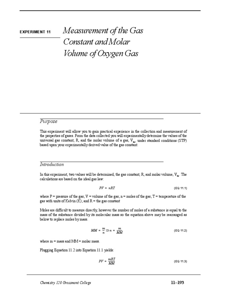 Measurement of The Gas Constant and Molar Volume of Oxygen Gas | PDF ...