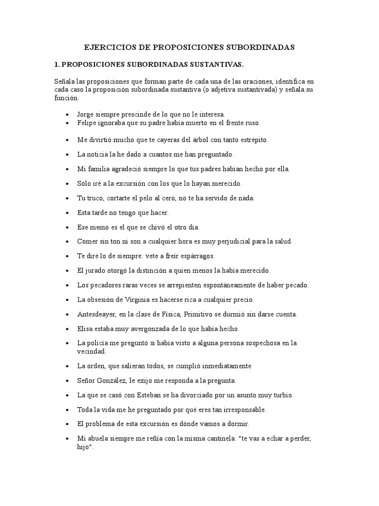 Ejercicios de Proposiciones Subordinadas | PDF | Verbo | Asunto (gramática)
