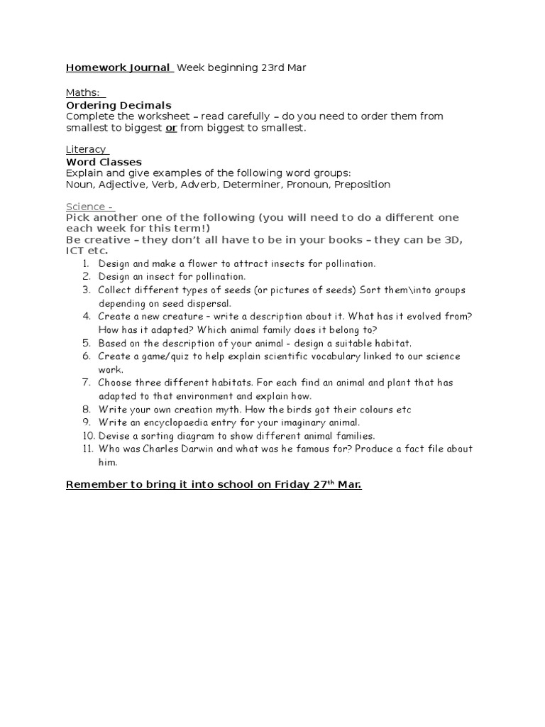 Homework Journal: Maths, Literacy, Science | PDF