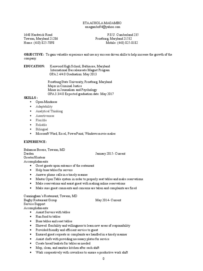 Eta Resume | PDF | Foods | Restaurant And Catering