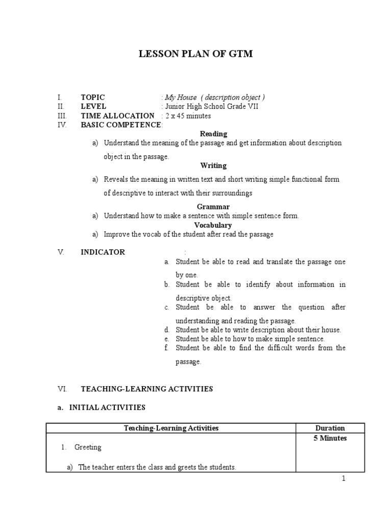 Lesson Plan of GTM | PDF | Vocabulary | Lesson Plan
