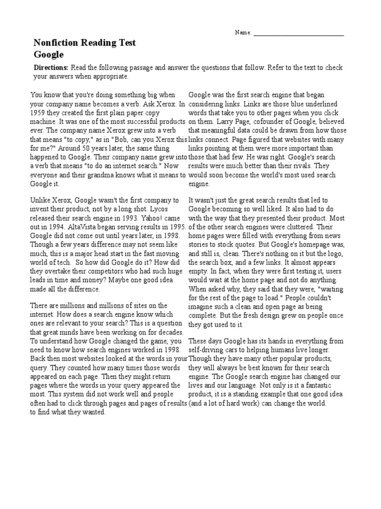 Nonfiction Reading Test Google | PDF | Web Search Engine | Google