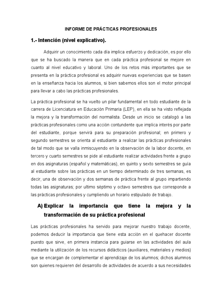 Informe de Prácticas Profesionales | PDF | Educación primaria | Aprendizaje Informe de Prácticas Profesionales | PDF | Educación primaria | Aprendizaje
