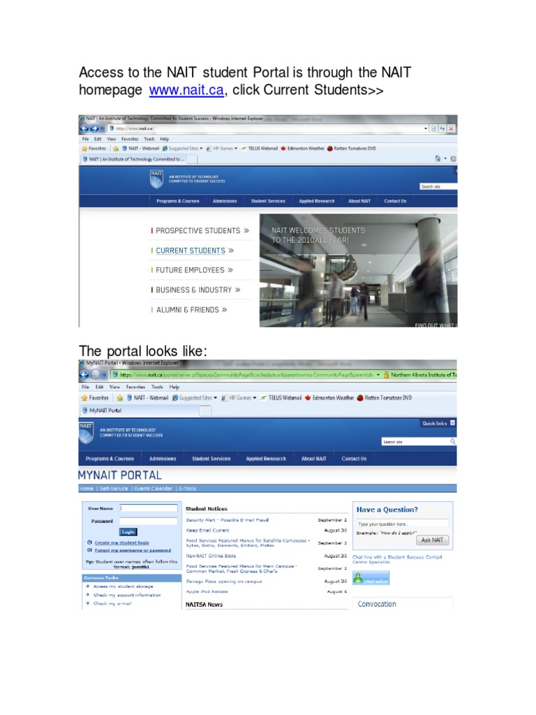 Access To The NAIT Student Portal Is Through The NAIT Homepage, Click ...