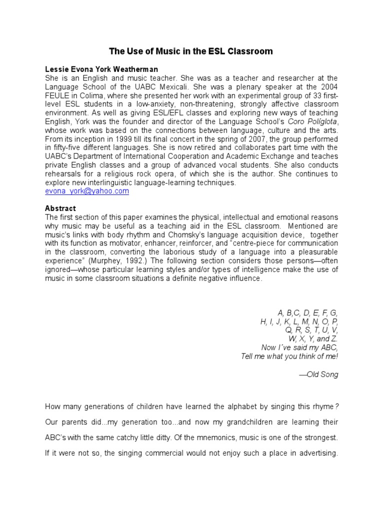 Music as a Tool in ESL Education | PDF | English As A Second Or Foreign ...