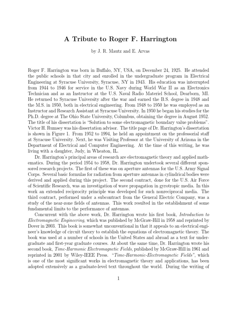 Tribute to Roger F. Harrington | PDF | Computational Electromagnetics ...