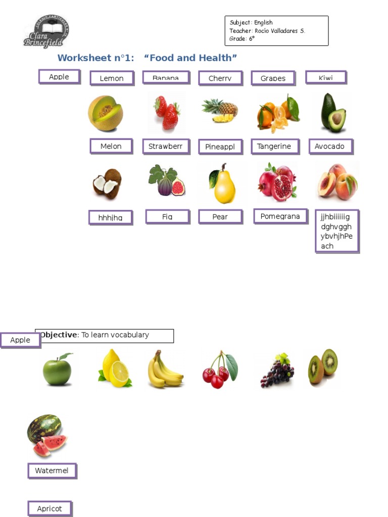 Worksheet N°1: "Food and Health": Apple Lemon Banana Grapes Cherry Kiwi ...