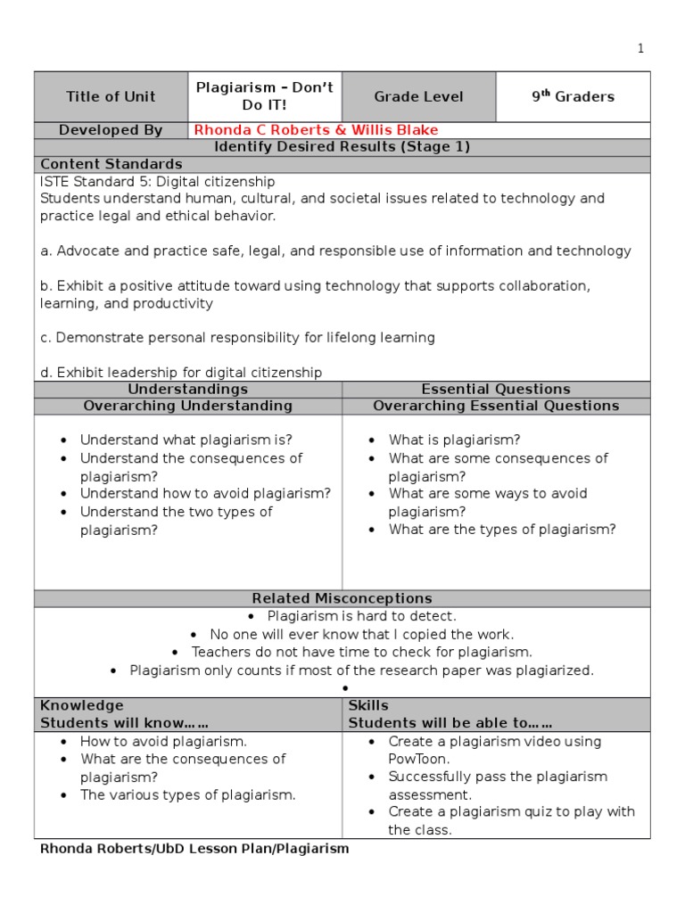 UbD Lesson Plan - Plagiarism | PDF | Educational Assessment | Plagiarism