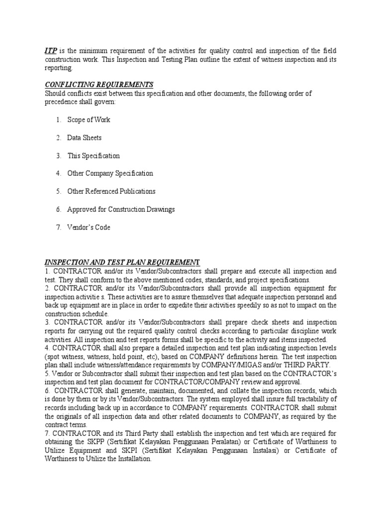 ITP Is The Minimum Requirement of The Activities For Quality Control and Inspection of The Field ...