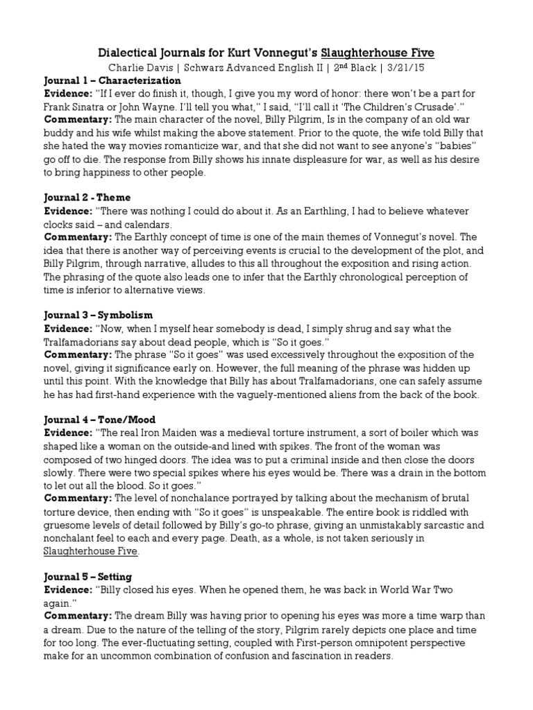 Dialectical Journals For Kurt Vonnegut's Slaughterhouse Five PDF | PDF ...