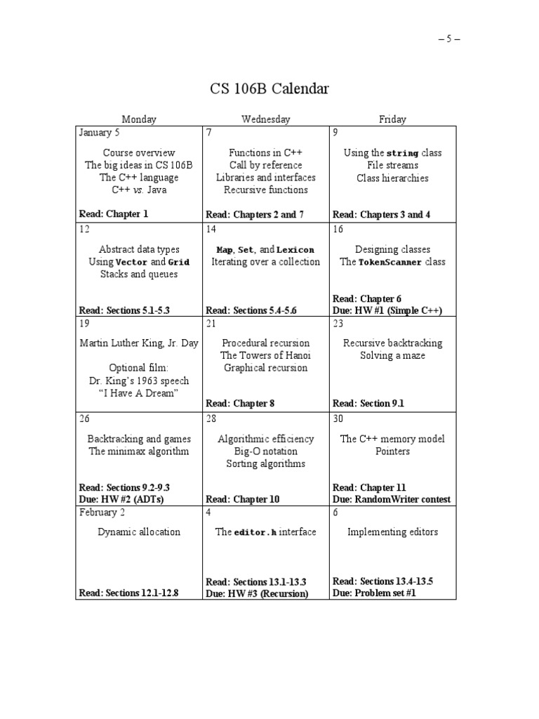 CS 106B C++ Course Calendar | PDF