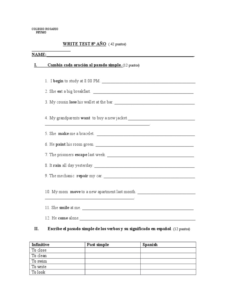 Write Test 8° Año NAME: - I. Cambia Cada Oración Al Pasado Simple | PDF ...