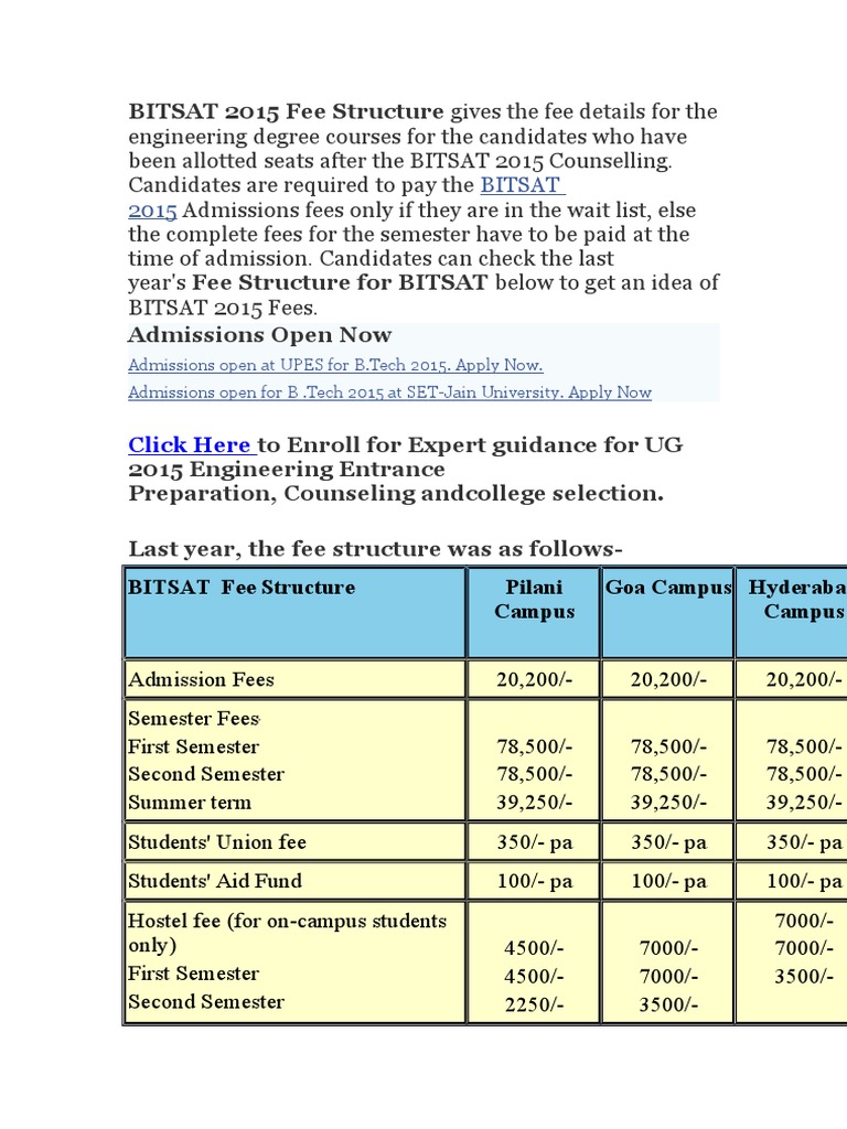 BITSAT 2015 Fee StructureN | PDF | Science | Technology (General)